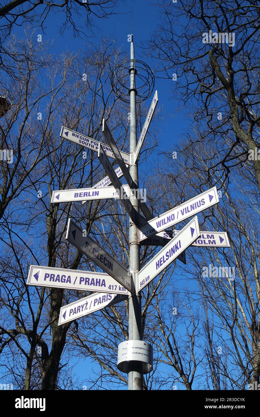 Signs with distances in many directions Stock Photo - Alamy