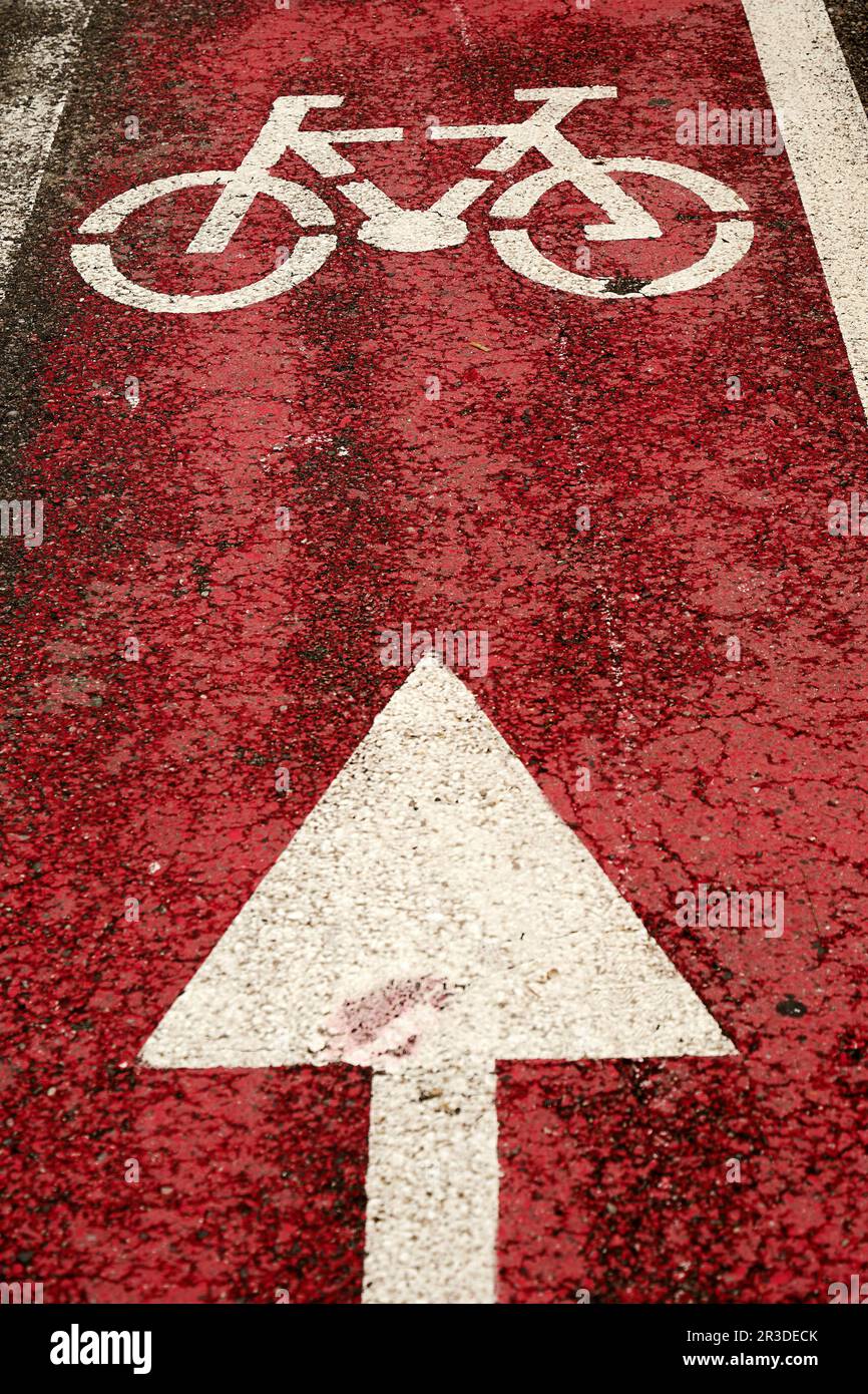 Bike path with a picture and an arrow on red asphalt. City ...