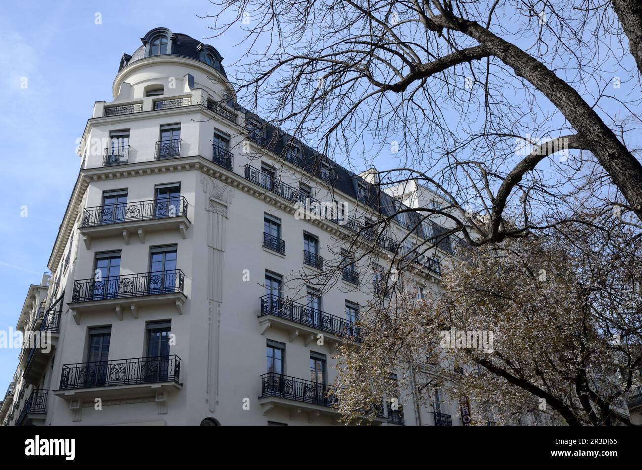 Trees next to residential building at corner street of traditional ...