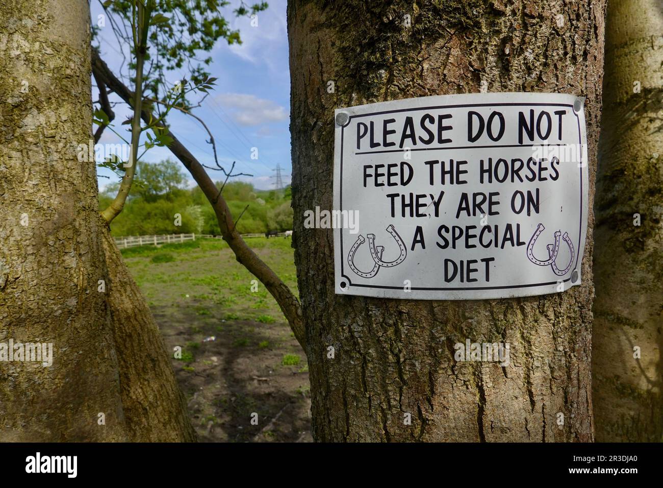 A polite notice asking people not to feed the horses in the field on ...
