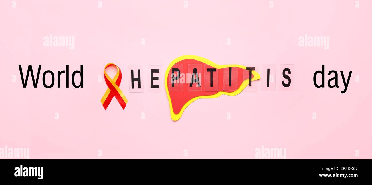Awareness ribbon, text WORLD HEPATITIS DAY and paper liver on pink ...