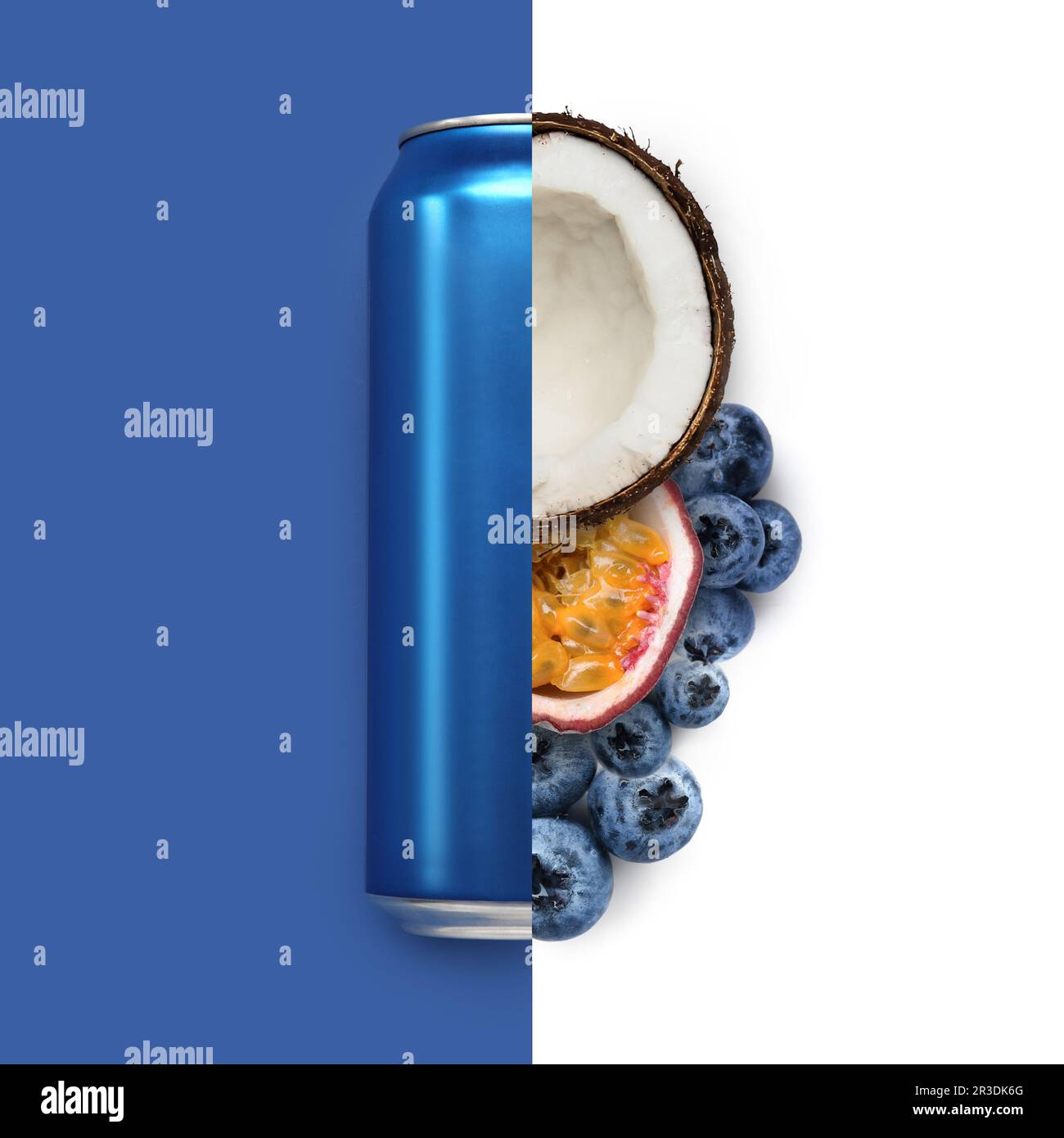 Collage with soda can, sweet passion fruit, coconut and blueberries ...
