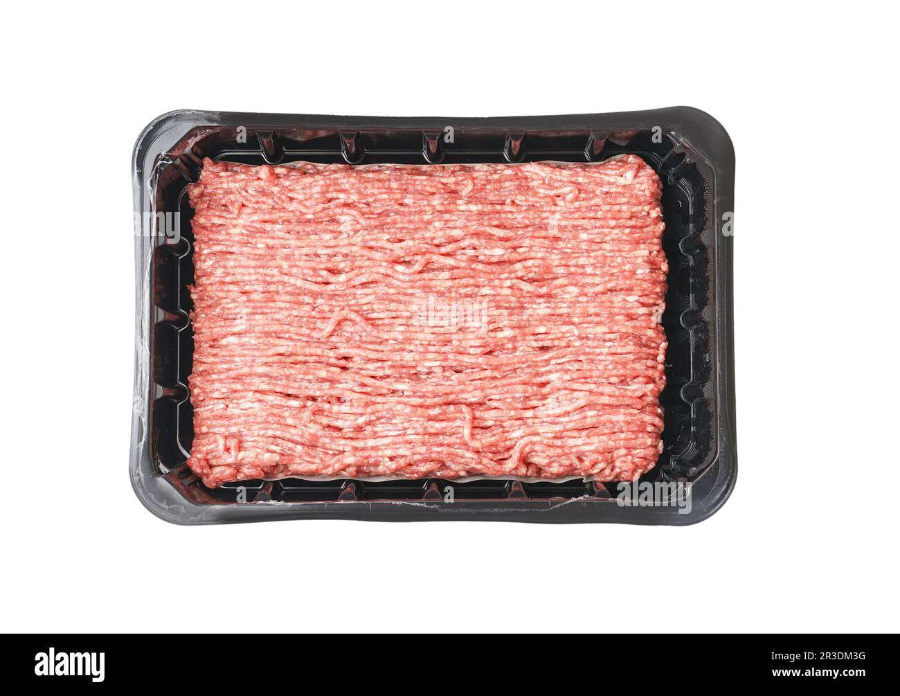 Plastic package with fresh minced meat isolated on white background ...
