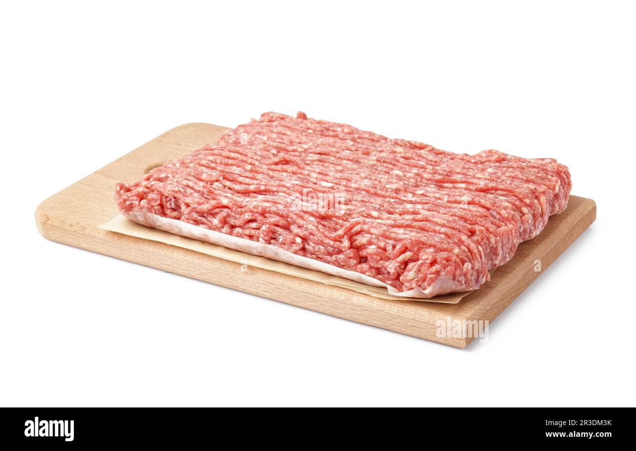 Board with fresh minced meat isolated on white background Stock Photo ...