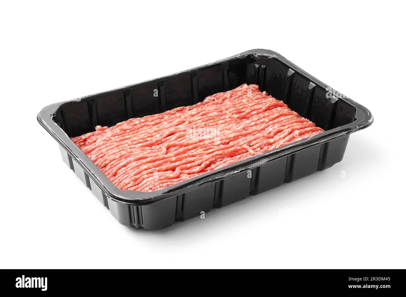 Plastic package with fresh minced meat isolated on white background ...