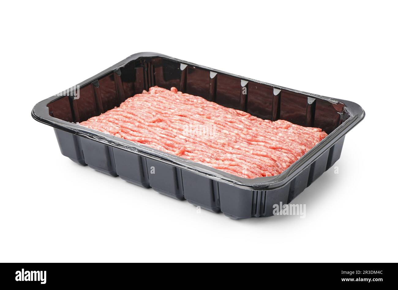Plastic package with fresh minced meat isolated on white background ...