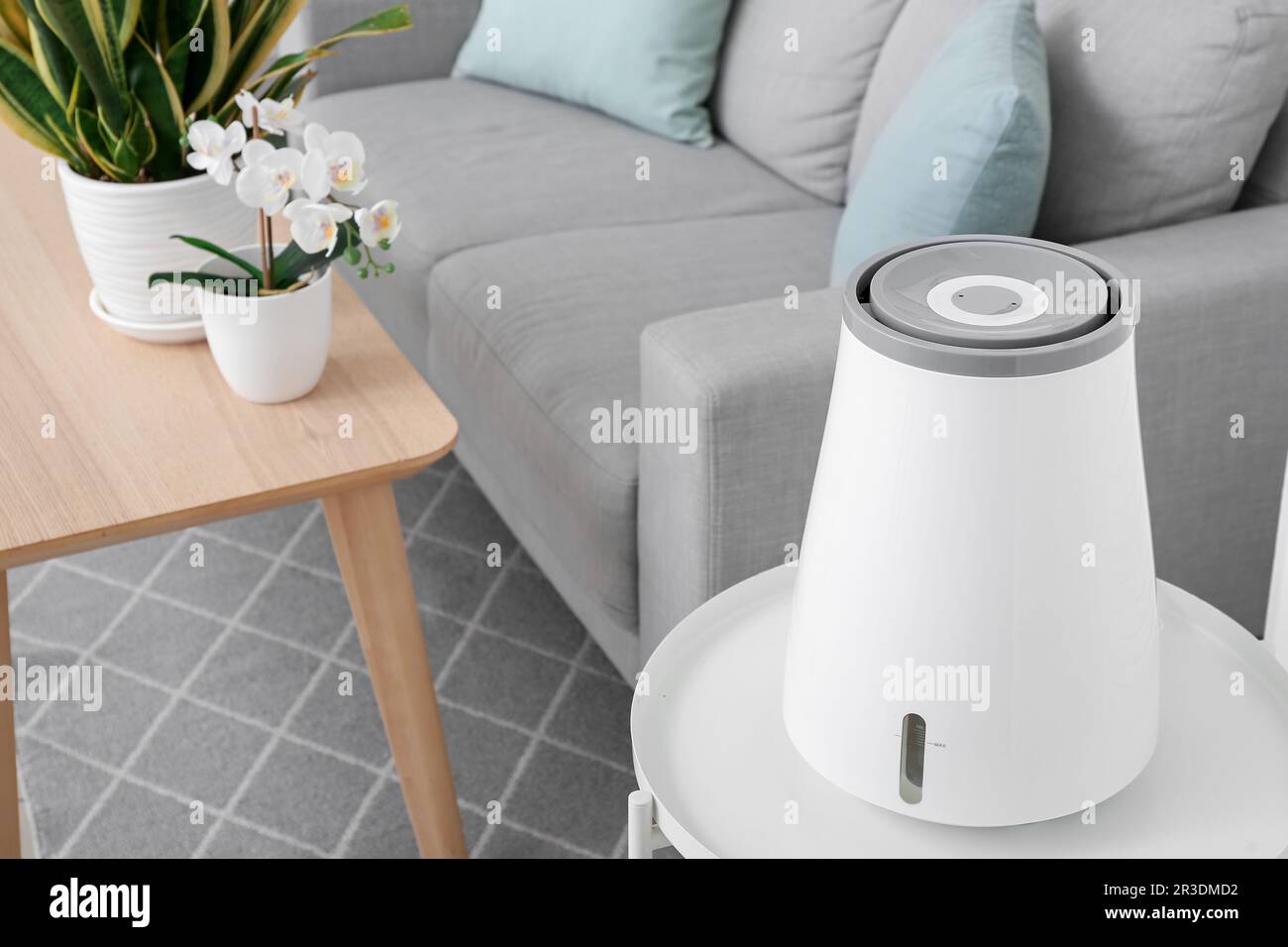 Modern humidifier on table in interior of living room Stock Photo - Alamy