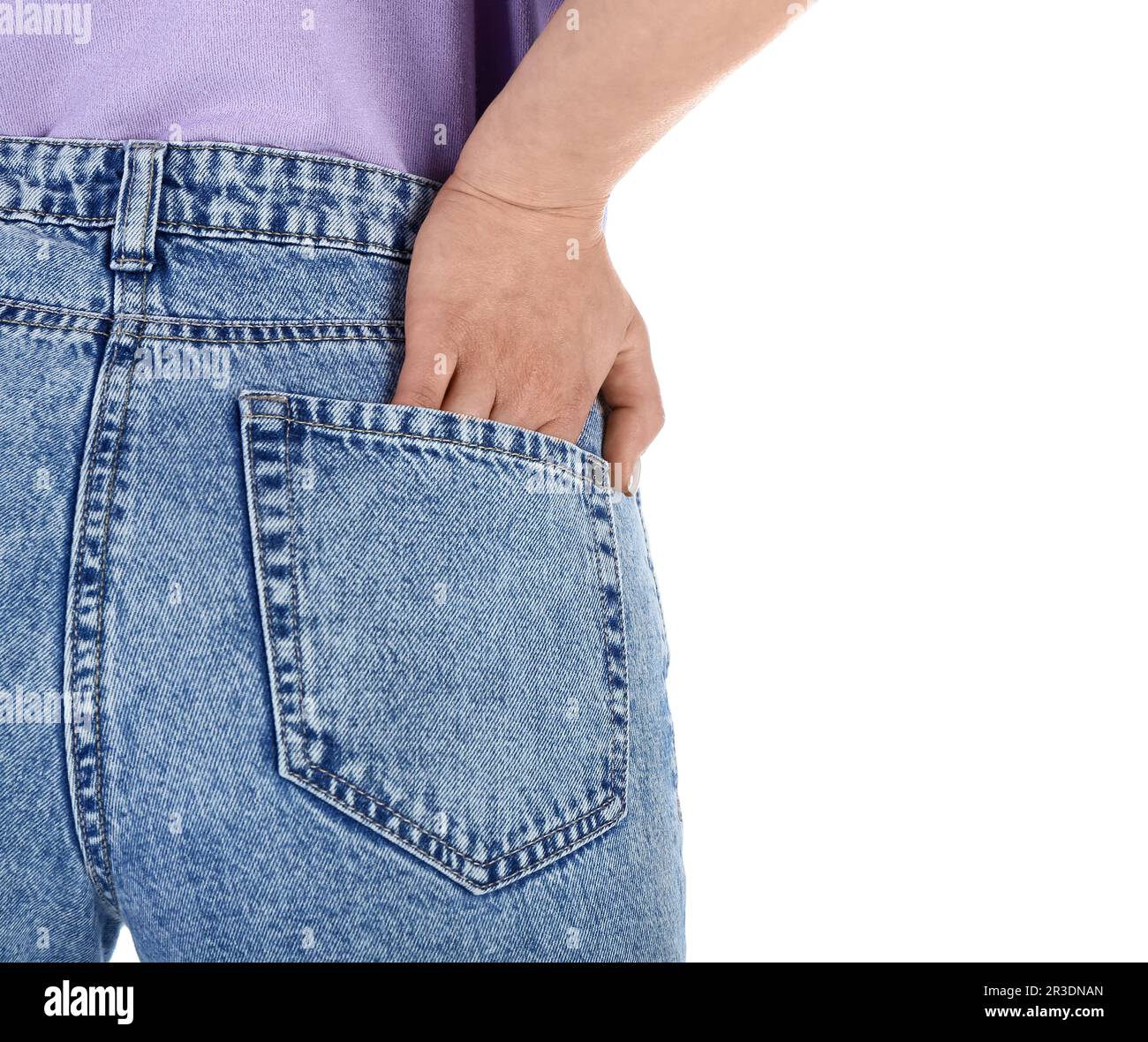 Young woman in stylish jeans on white background, back view Stock Photo ...