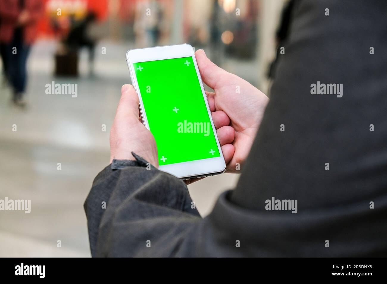 Female hands using mobile phone with green screen. Chroma key. Mobile app on Shopping Mall ...
