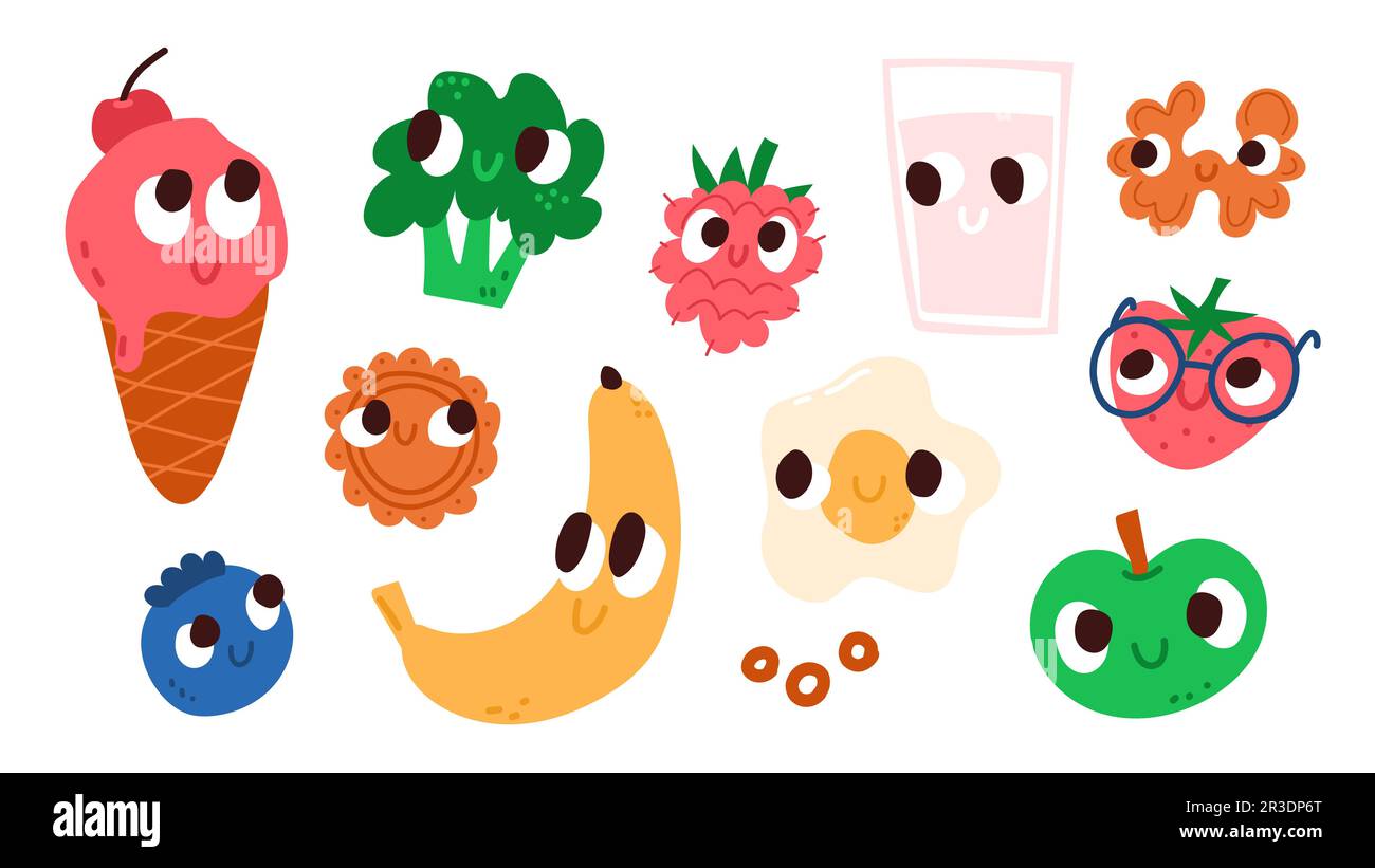 Funny cute childish food characters. Vector illustration set for kids ...