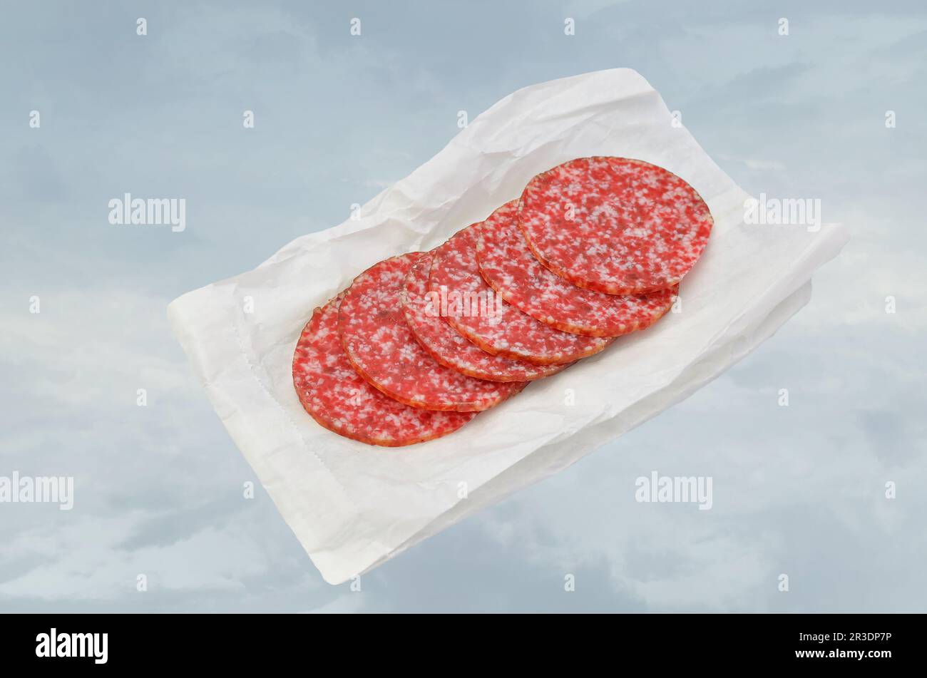 Slices of Salami on Sandwich paper, floating in the air Stock Photo - Alamy