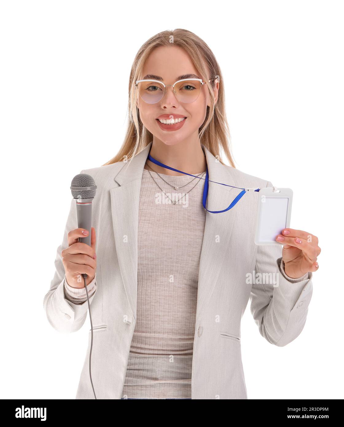Female journalist with microphone and badge on white background Stock ...