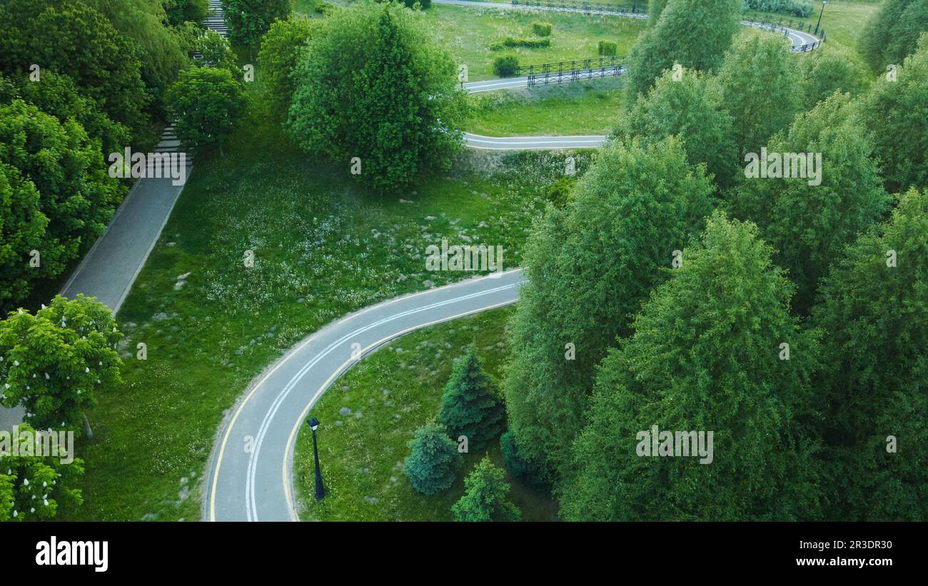 Curvy bike path. Laid between the trees in the park. Drone photography ...