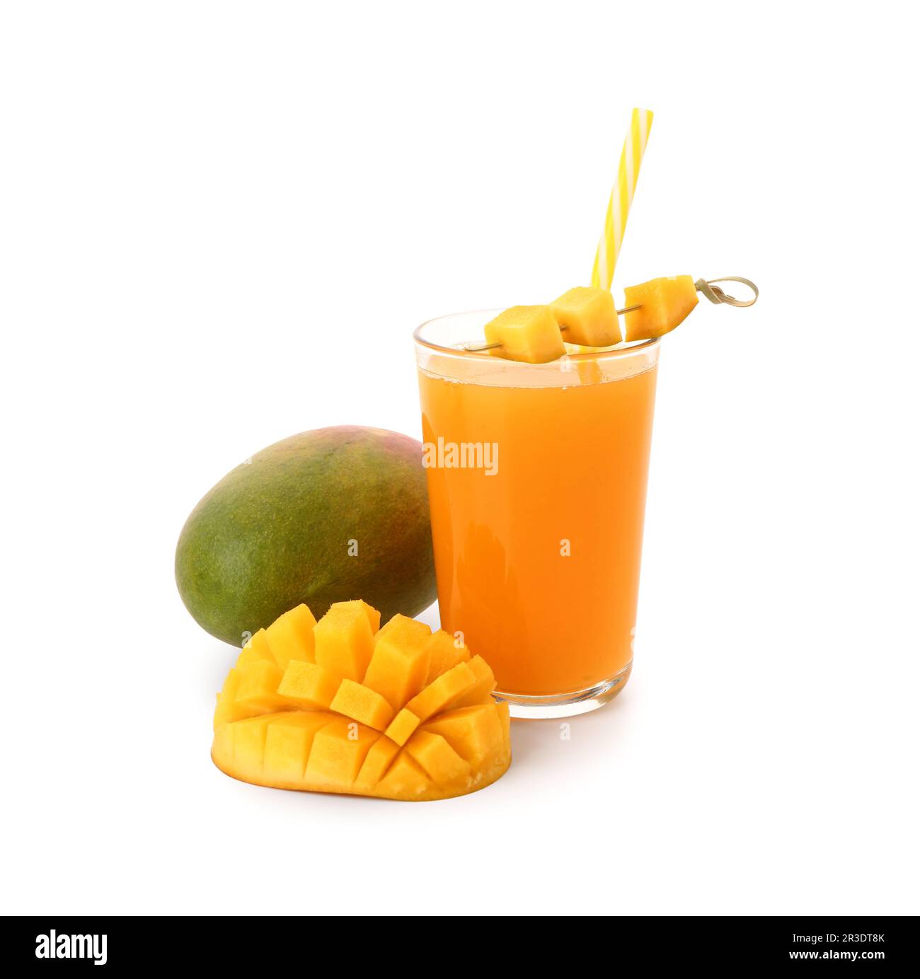 Glass of fresh mango smoothie on white background Stock Photo - Alamy