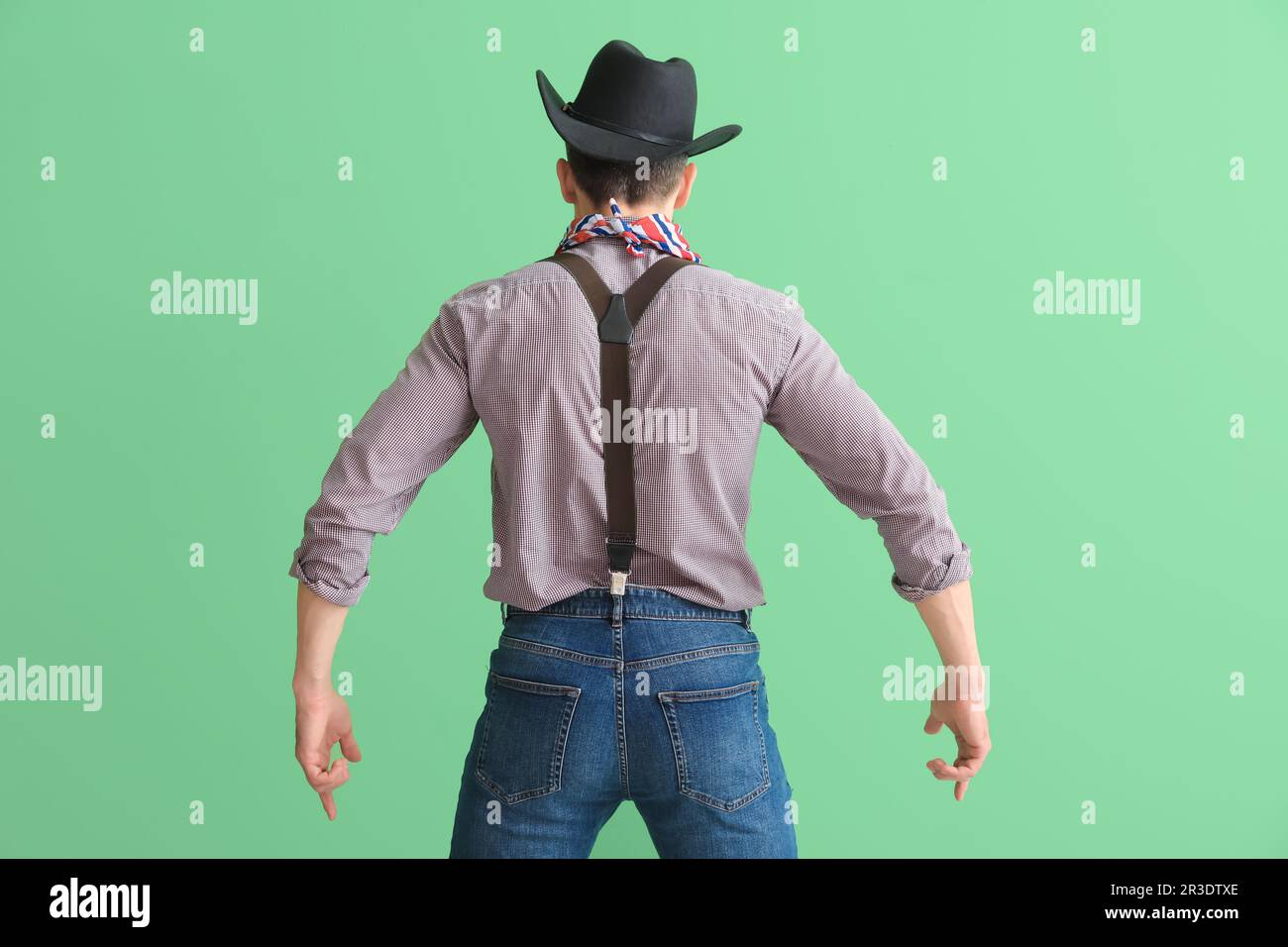 Handsome cowboy on green background, back view Stock Photo - Alamy