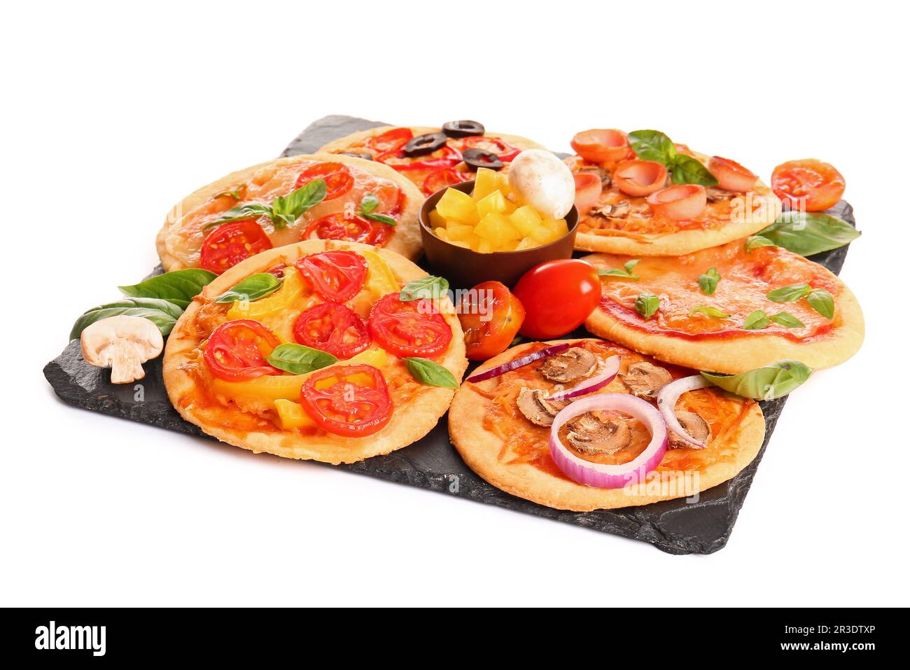 Board with different tasty mini pizzas on white background Stock Photo ...