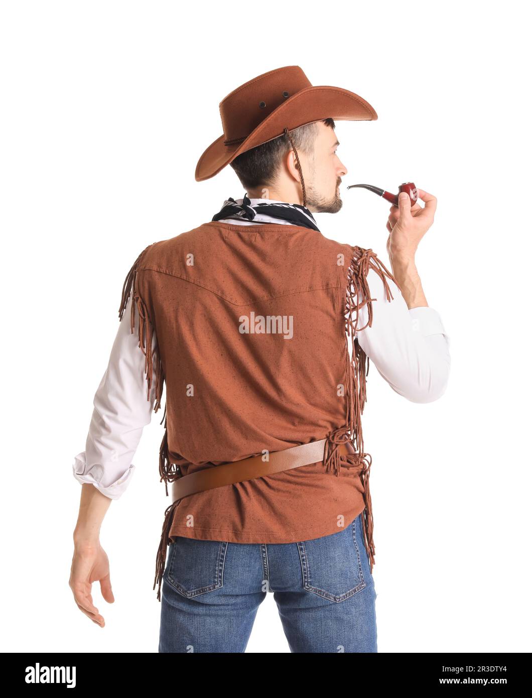 Handsome cowboy with smoking pipe on white background, back view Stock ...