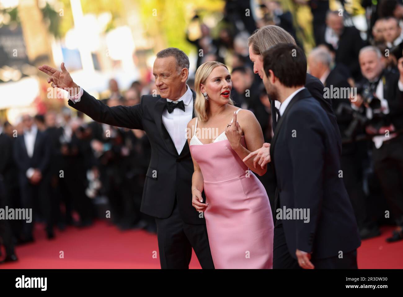 Tom Hanks, form left, Scarlett Johansson, director Wes Anderson, and Jason Schwartzman pose for ...