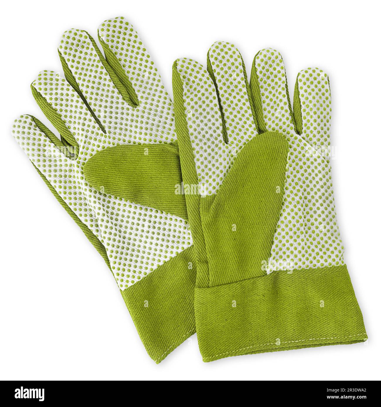 Gardening cloth green safety gloves, top view isolated on white ...