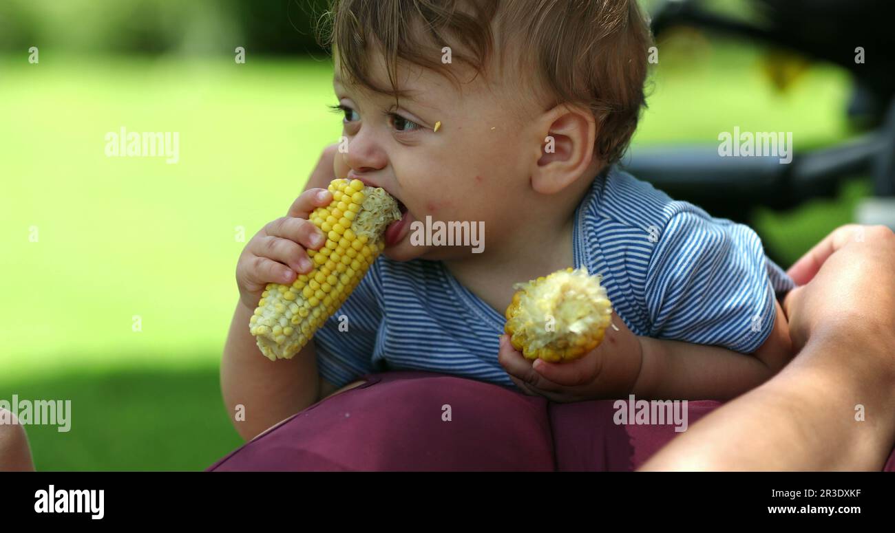 Cute baby taking a bite of healthy corn snack outdoors. Infant eating ...
