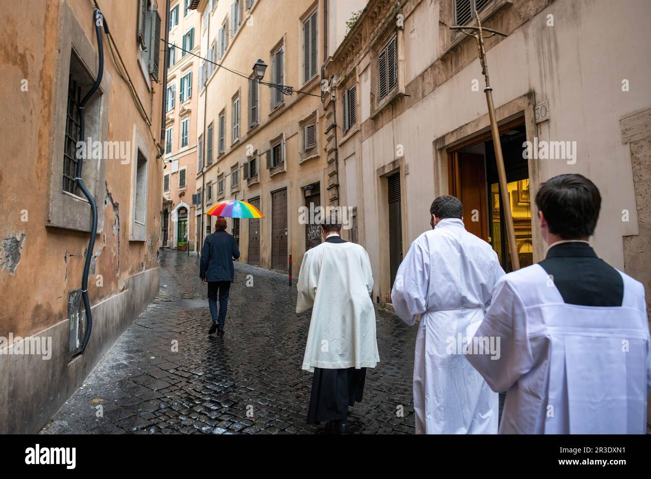 May 19, 2023, Rome, Italy: Three priests lead the procession to ...