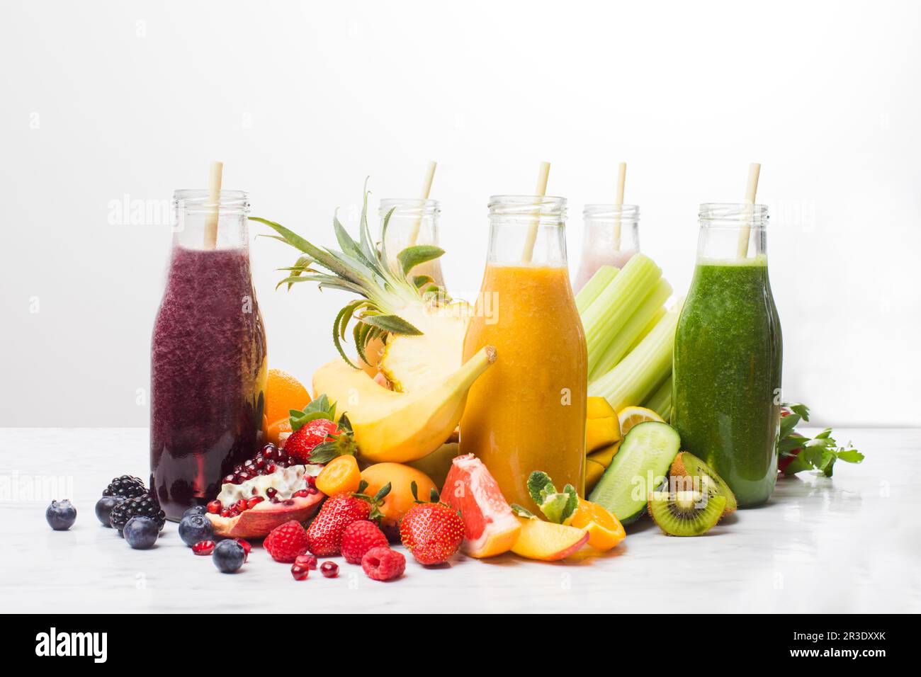The delicious smoothies with exotic fruits on a white background Stock ...