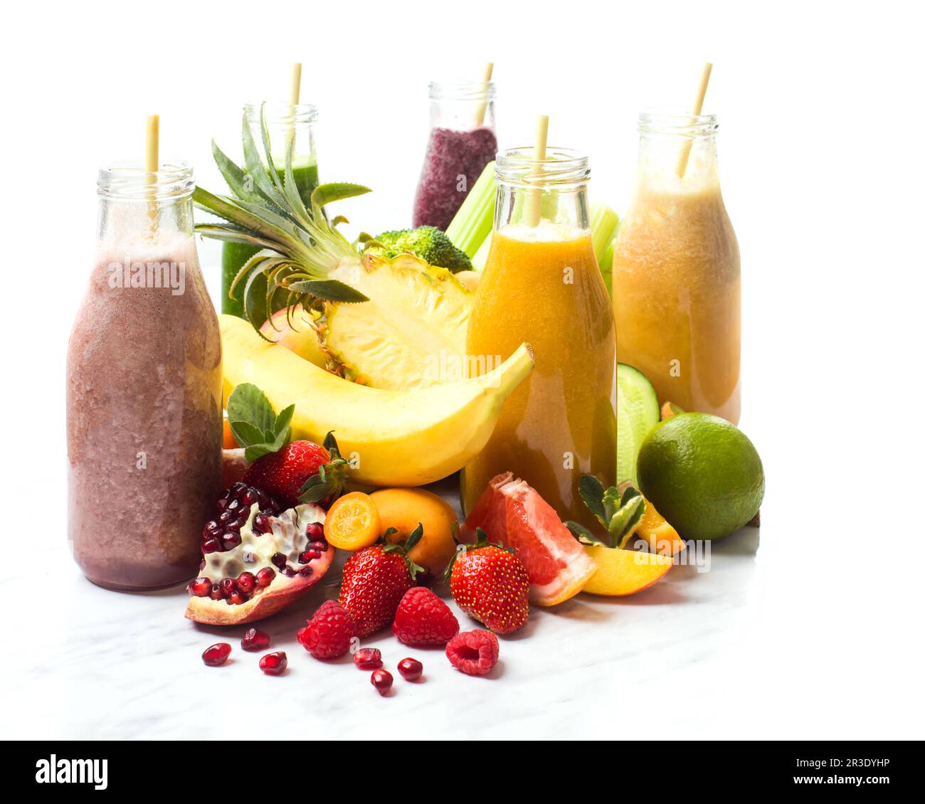 The delicious smoothies with exotic fruits on a white background Stock ...