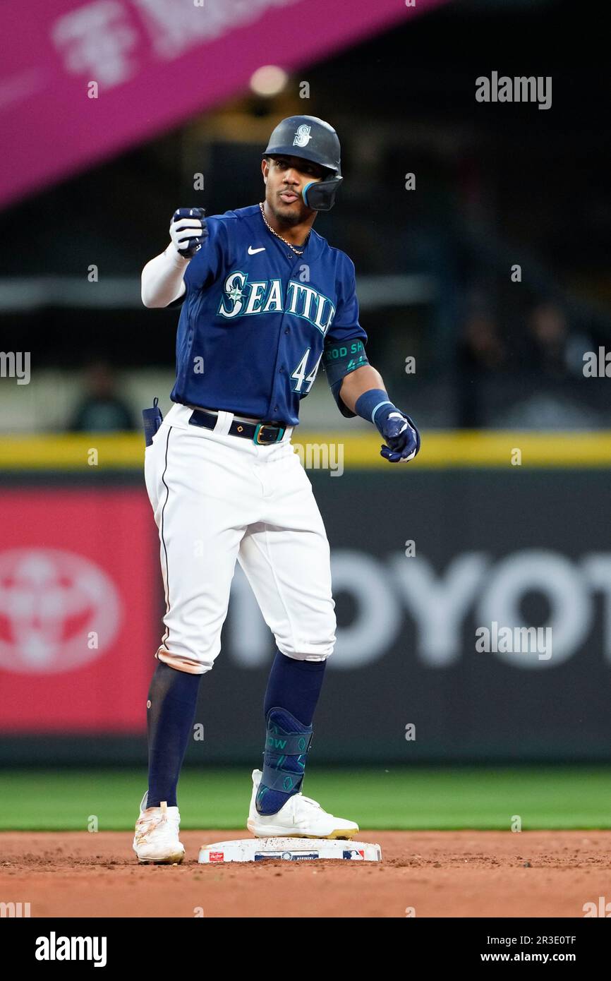 Seattle Mariners' Julio Rodriguez reacts to hitting an RBI double ...
