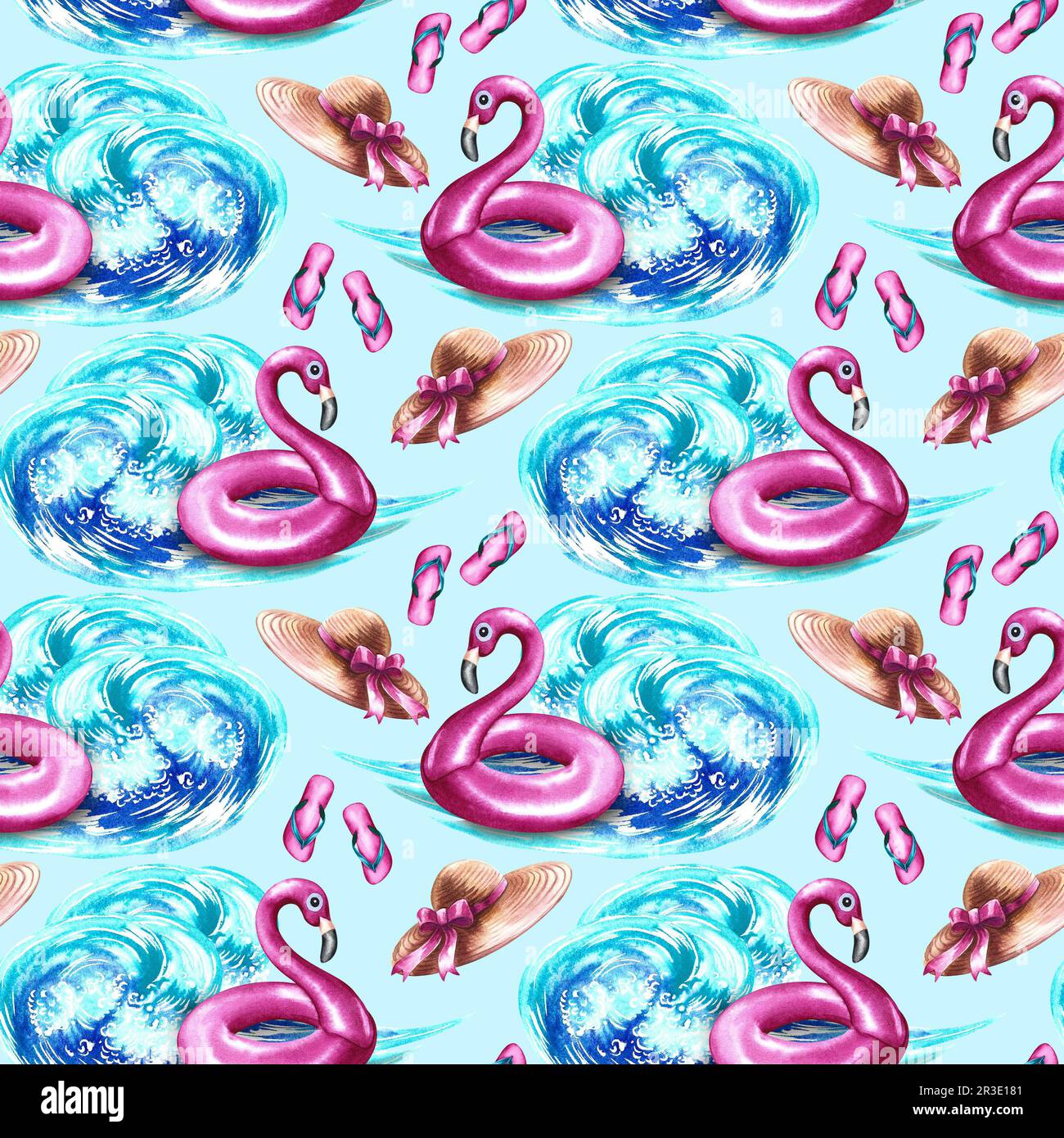 Seamless pattern with sea wave and beach holiday attributes. On a blue ...