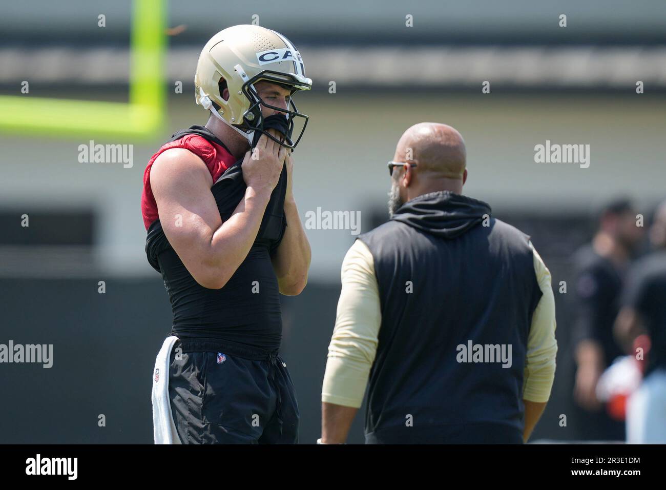 New Orleans Saints quarterback Derek Carr pauses between drills during ...