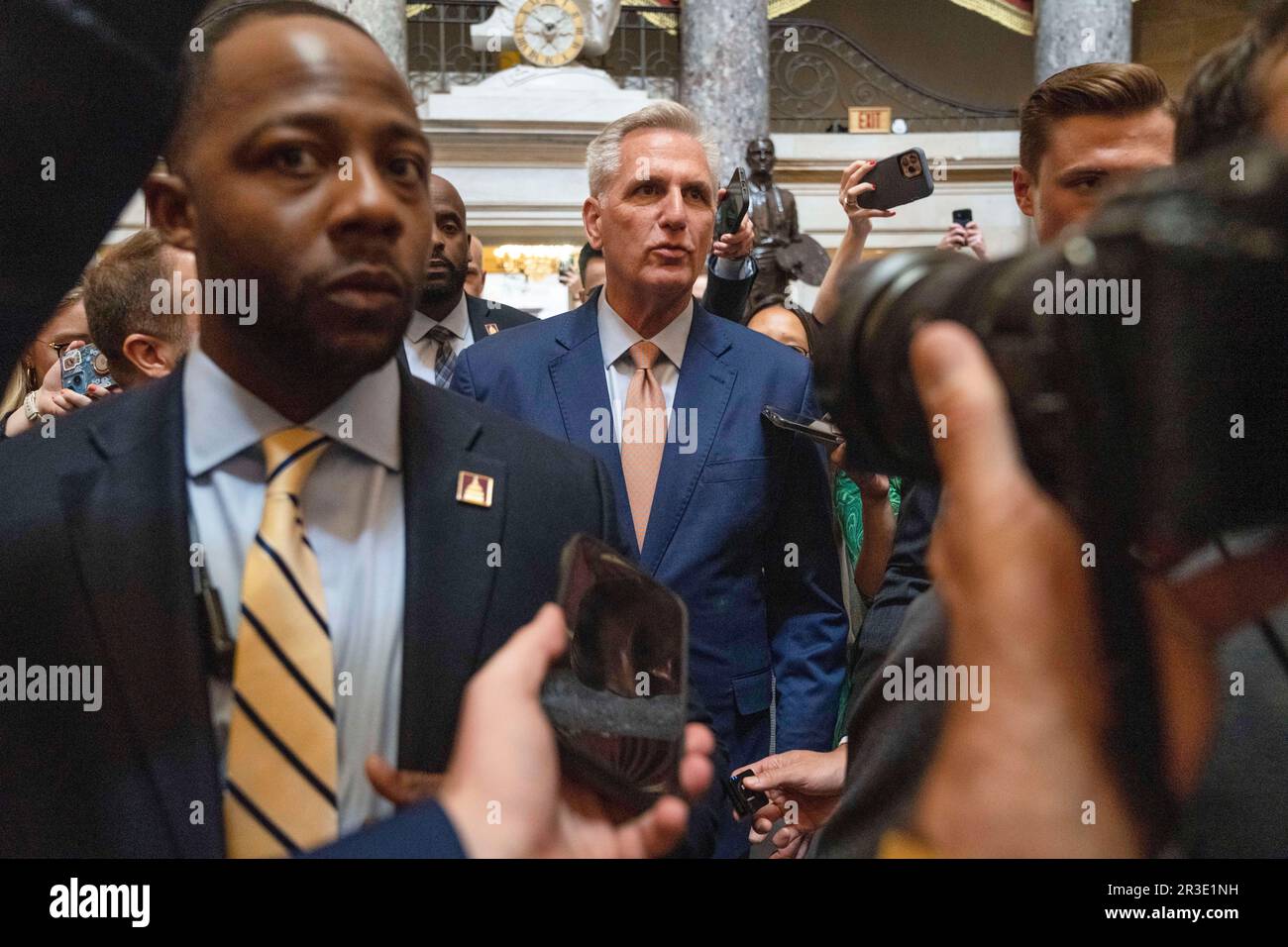 House Speaker Kevin McCarthy of Calif., is surrounded by reporters ...