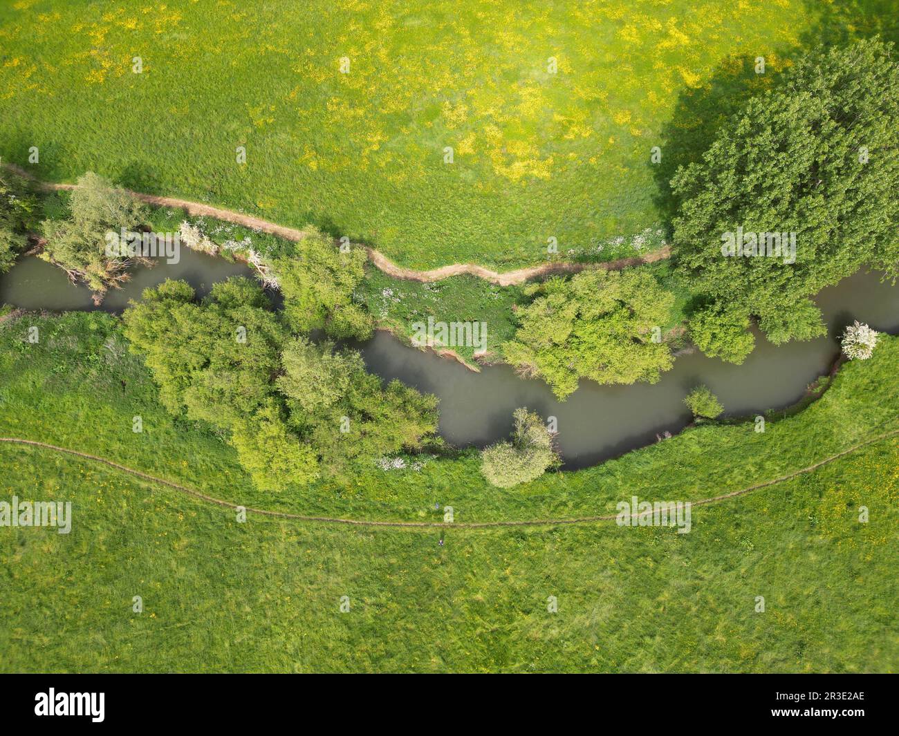 Aerial view of the River Lugg near Lugwardine in rural Herefordshire UK ...