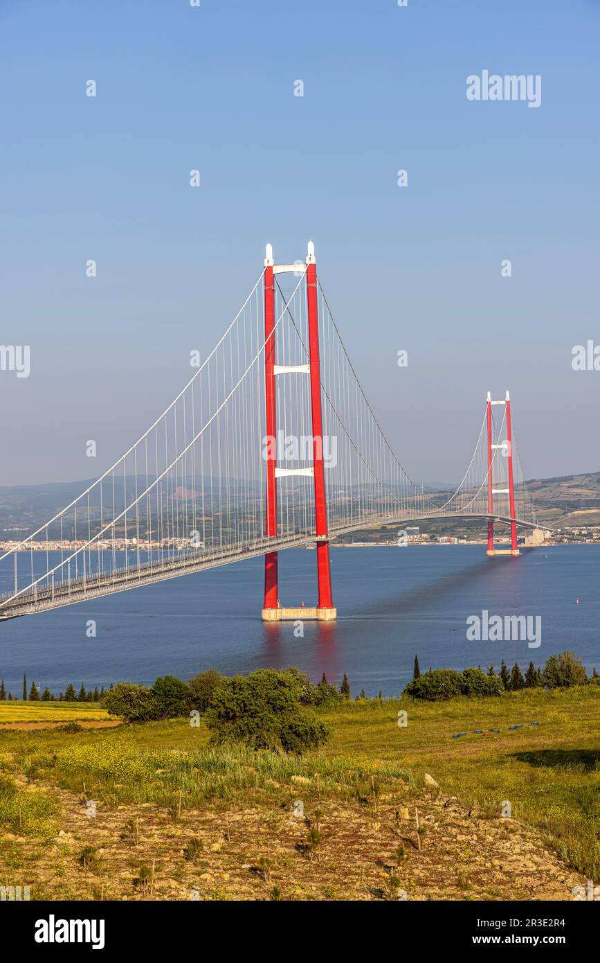 1915 Canakkale Bridge aerial view in Canakkale, Turkey. World's longest ...