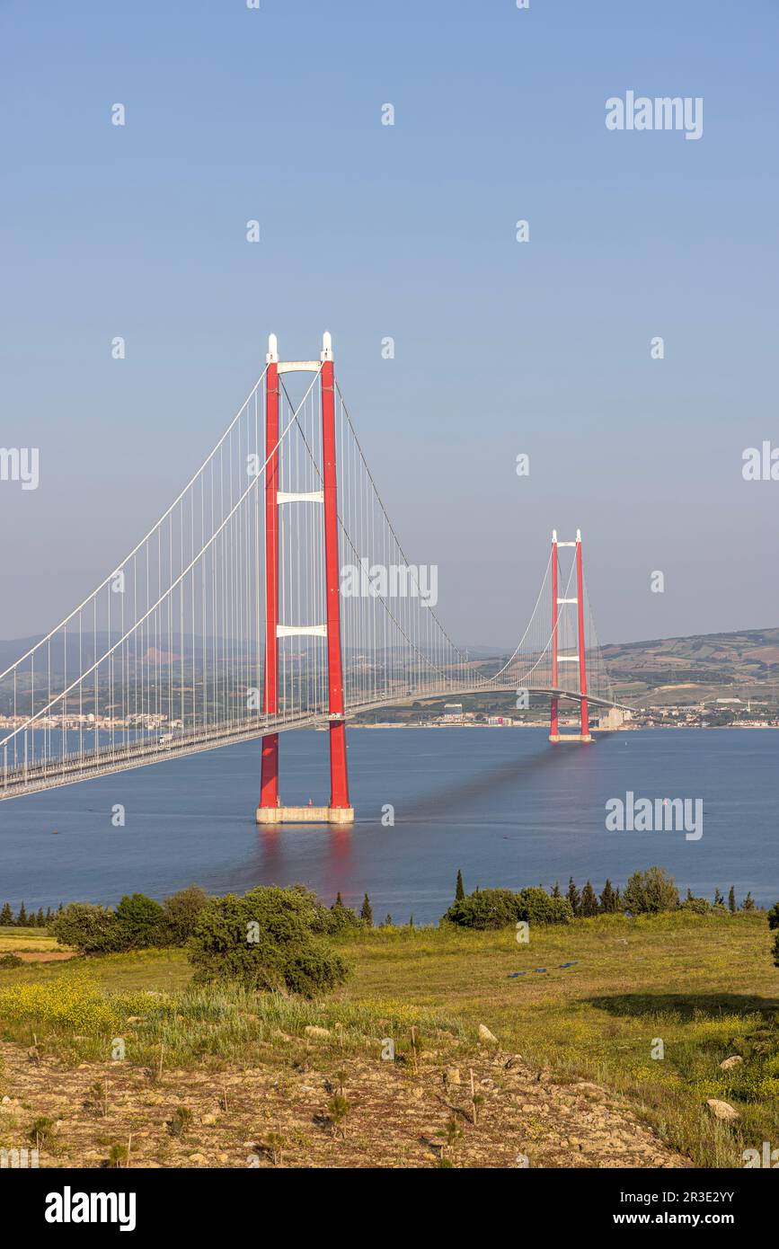 1915 Canakkale Bridge aerial view in Canakkale, Turkey. World's longest ...