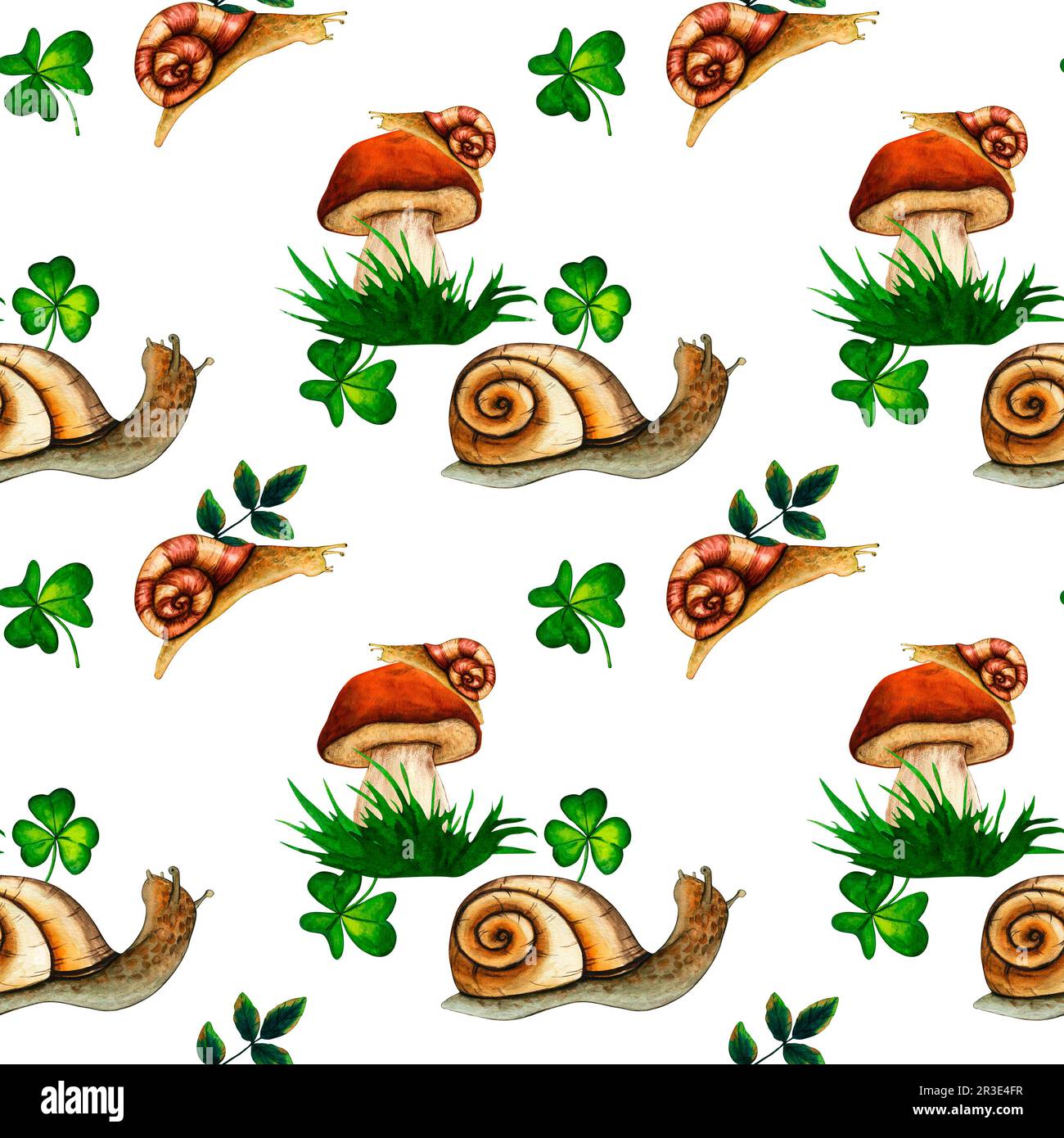 Watercolor seamless pattern wild forest mushrooms porcini and snail ...