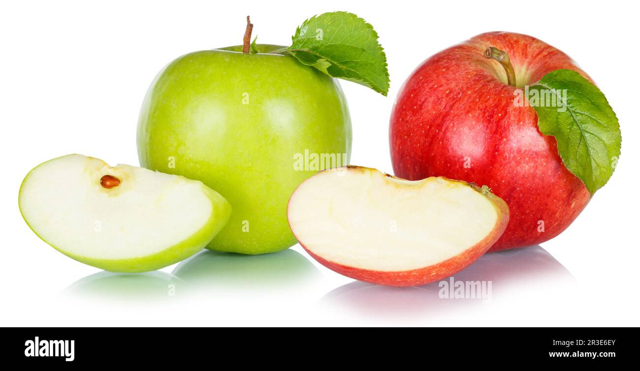 Apples fruits green red apple fruit with leaves cropped isolated Stock ...