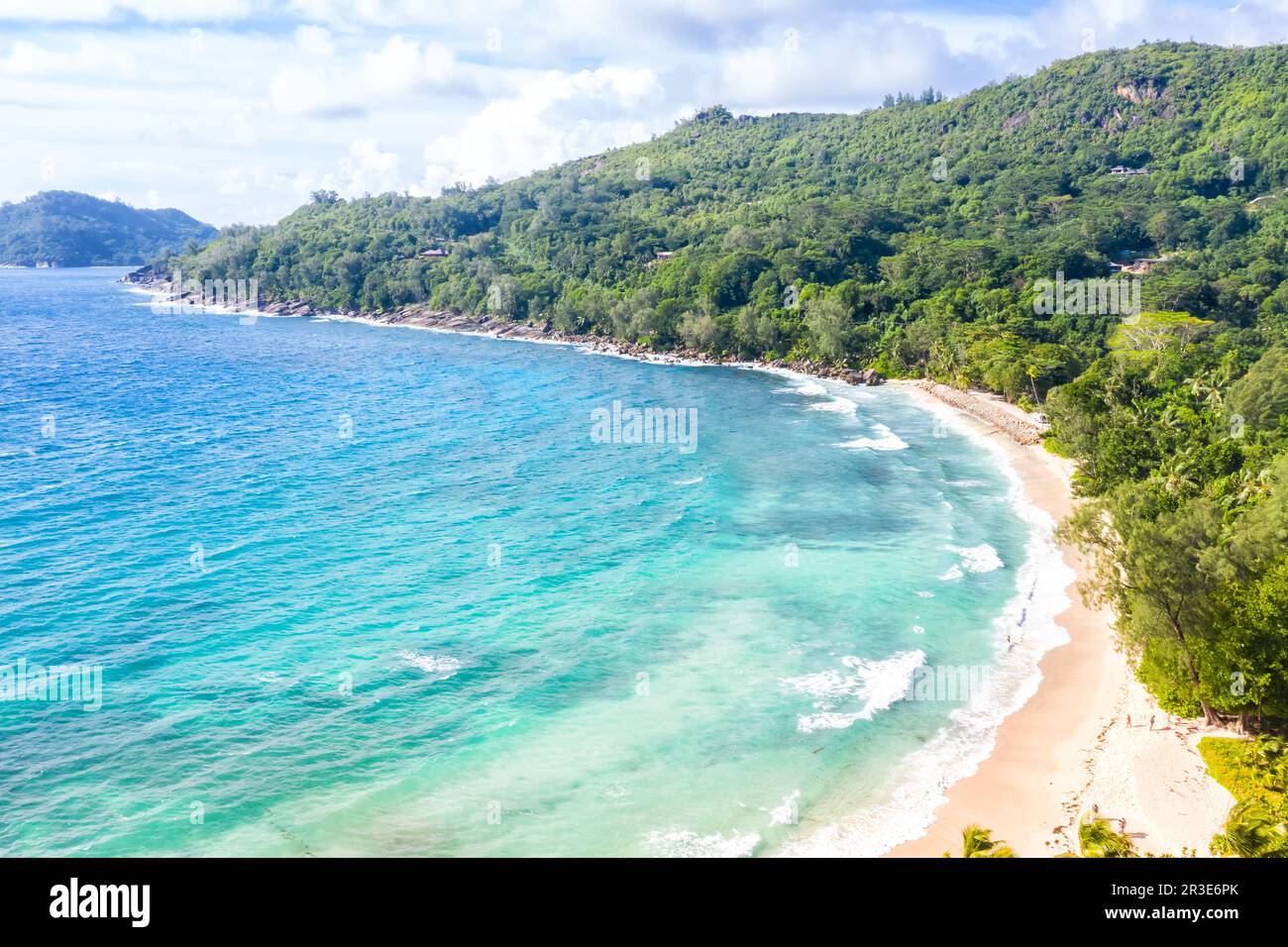 Seychelles Takamaka beach with palm trees sea ocean drone aerial photo ...