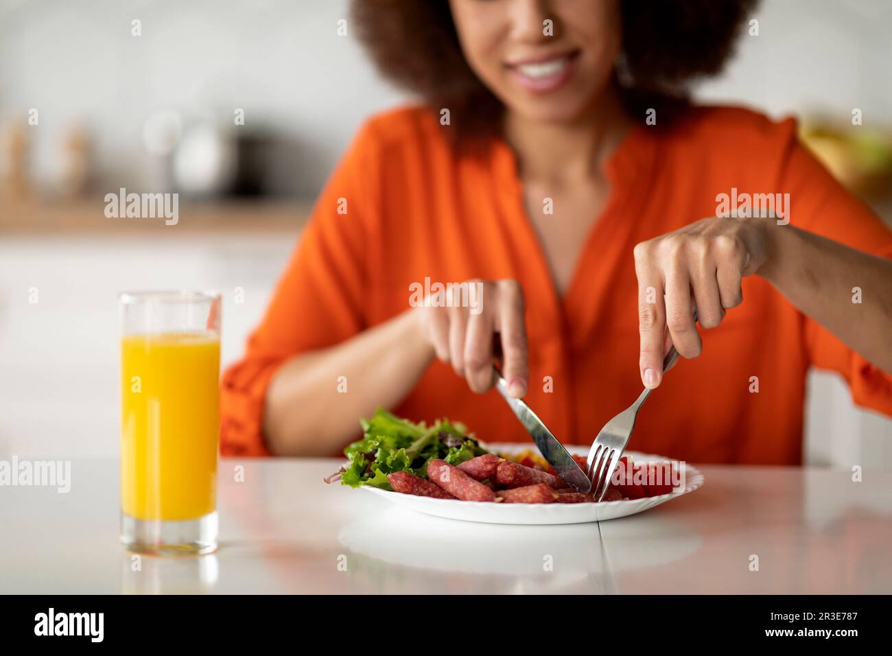 Lunch Time. Happy Black Woman Eating Tasty Meal In Kitchen Stock Photo ...