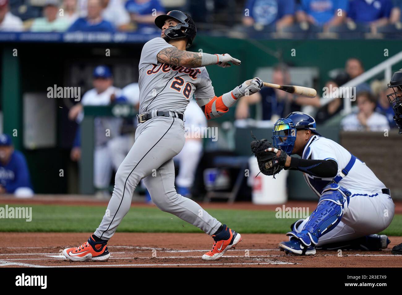 Detroit Tigers' Javier Baez bats during the first inning of a baseball ...