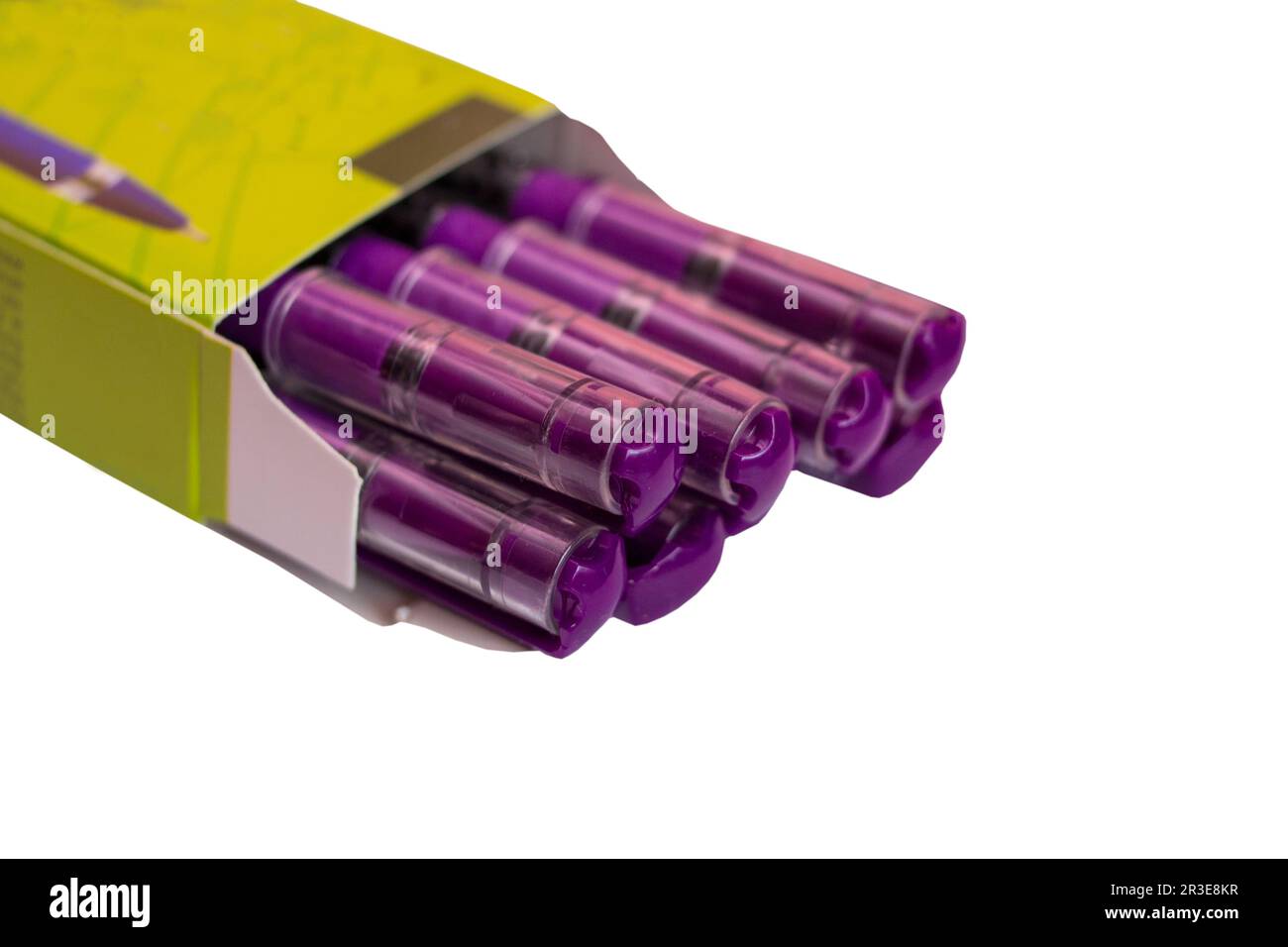 a box of purple pens for schooling, back to school Stock Photo - Alamy