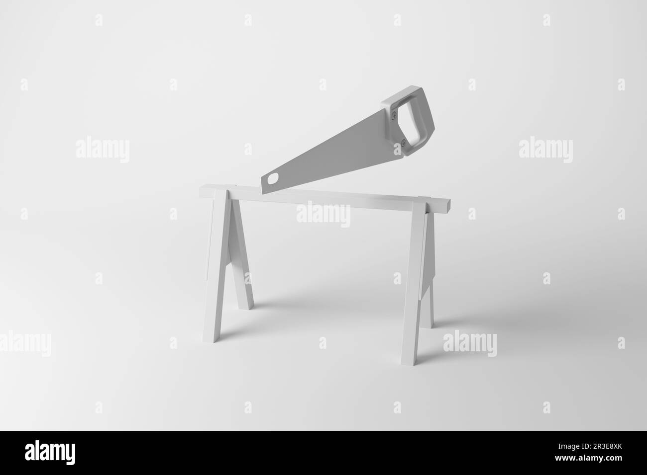 White saw and saw horse casting shadow on white background in greyscale ...