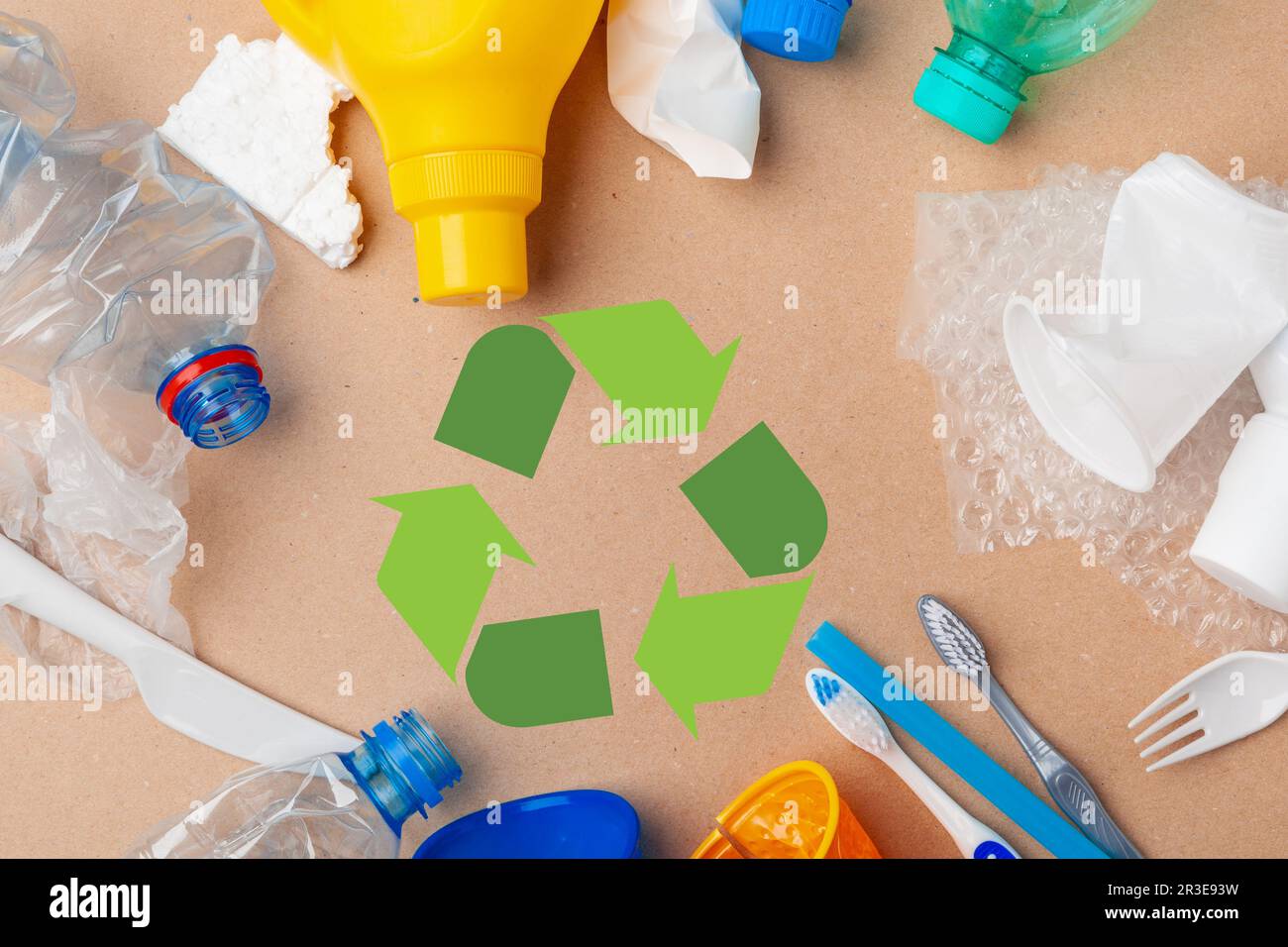 waste recycling eco symbol with garbage disposal on table background ...