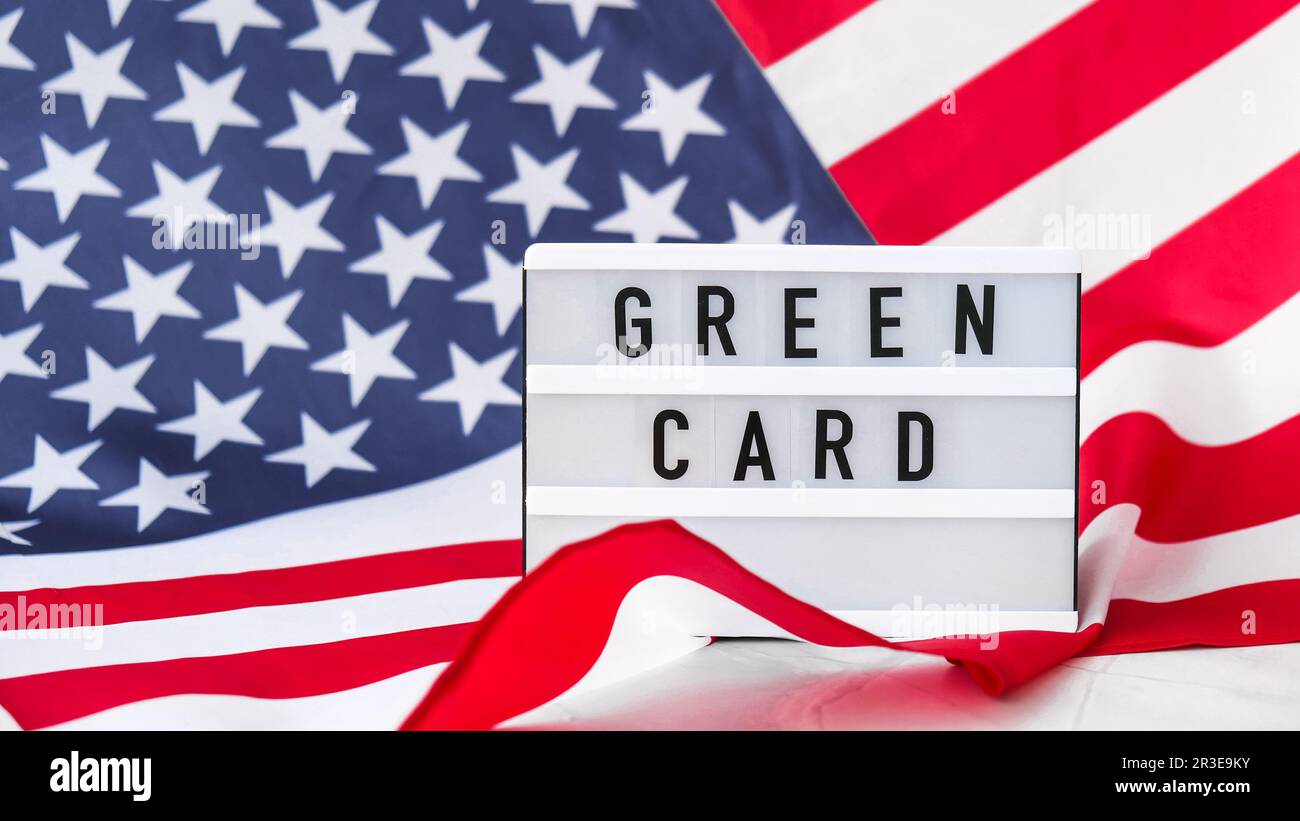 American flag. Lightbox with text GREEN CARD Flag of the united states ...