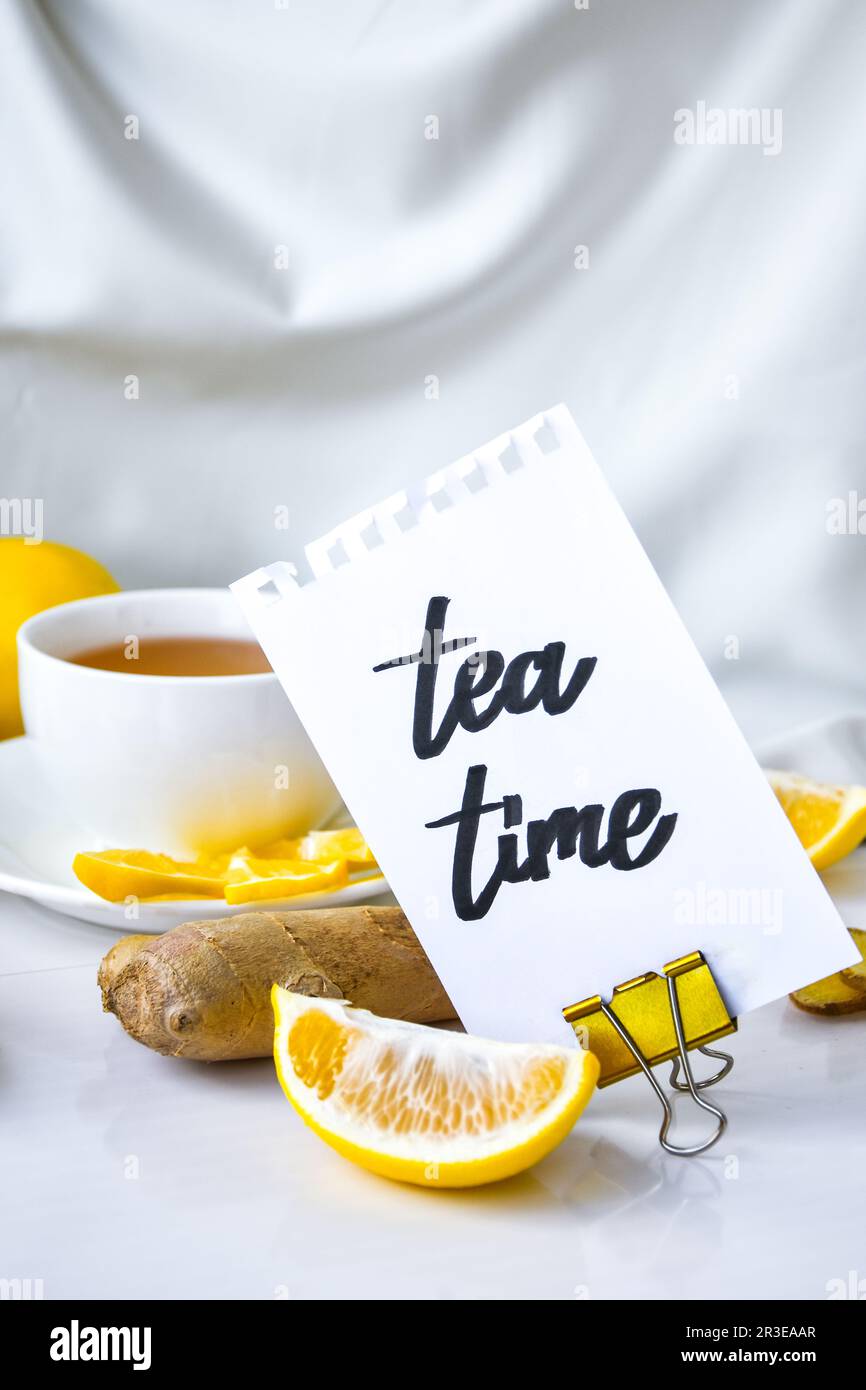 TEA TIME- written on piece of paper among the products for the ...