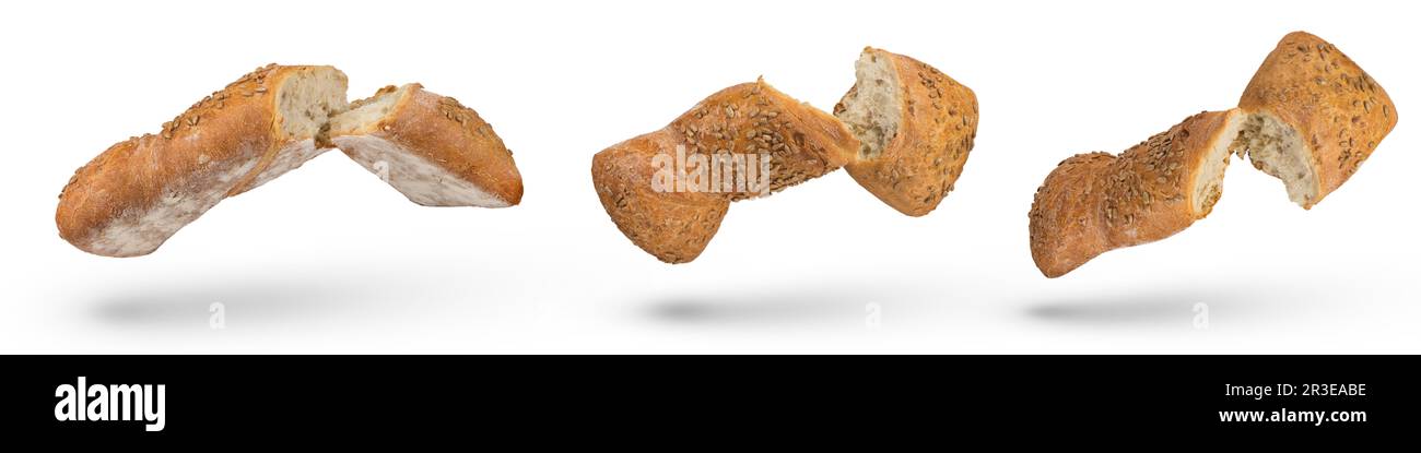 Set of isolates of broken loaves of bread. A set of loaves of light ...