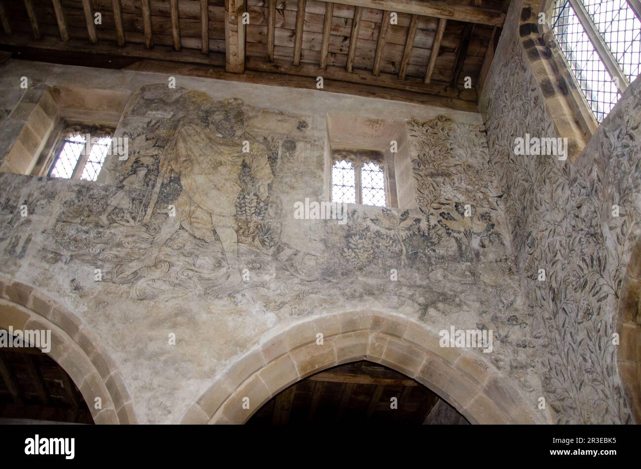 Wall paintings, fresco seccoes, in Haddon Hall Chapel, Bakewell, Peak District, Derbyshire, UK ...