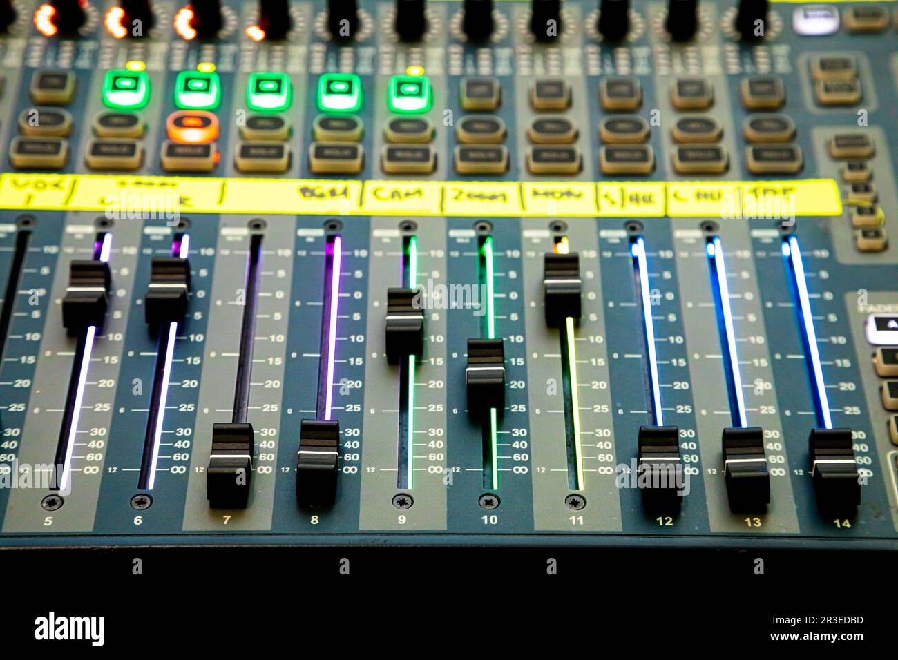 Sliders and buttons on Audio Mixing Desk at live event Stock Photo - Alamy