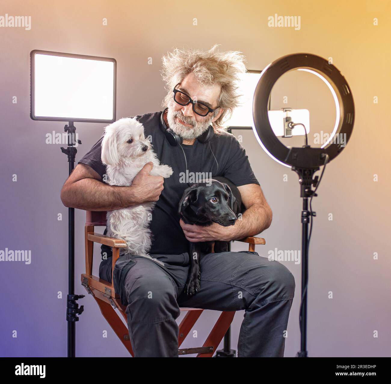 Radio host, charming influencer, records a live show with camera stuff ...