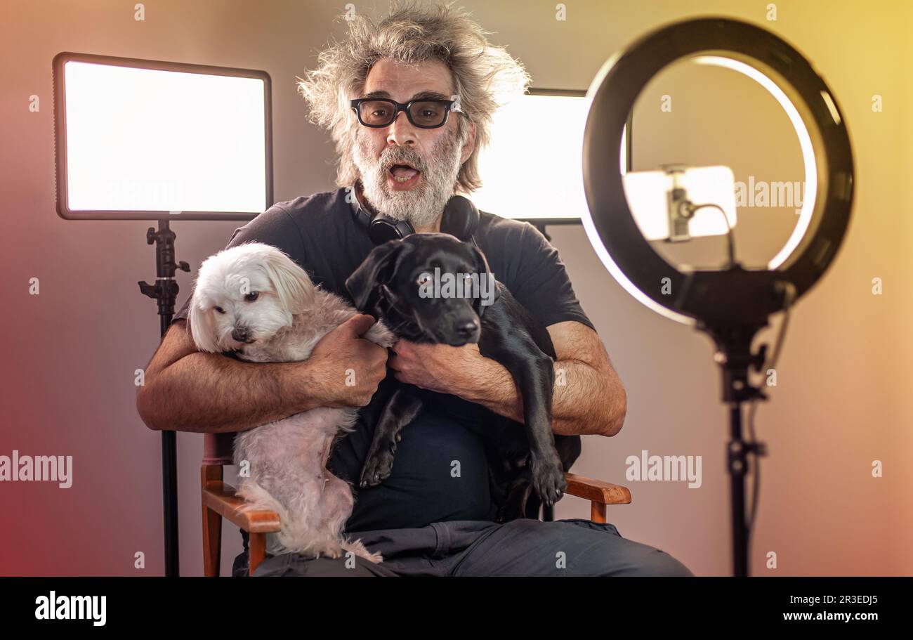 Radio host, charming influencer, records a live show with camera stuff ...