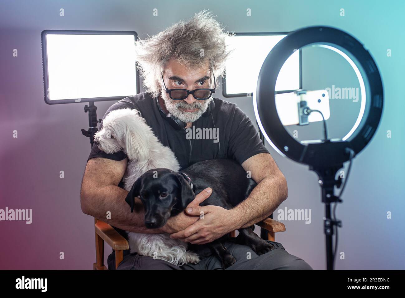 Radio host, charming influencer, records a live show with camera stuff ...